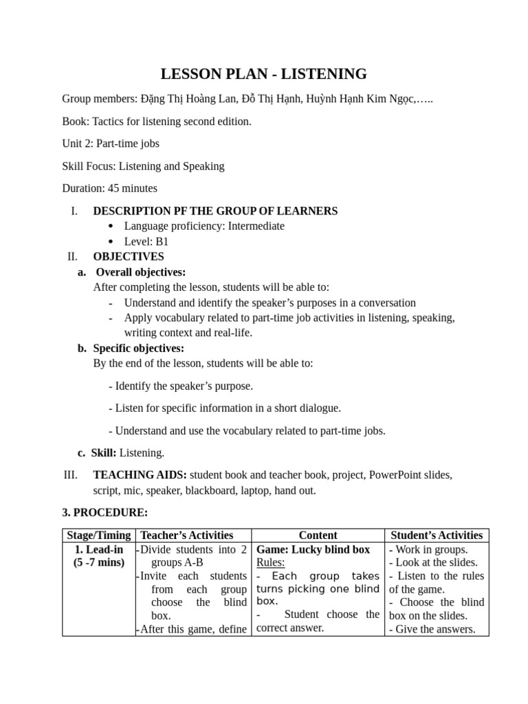 Listening Lesson Plan: Part-Time Jobs | PDF | Communication | Learning