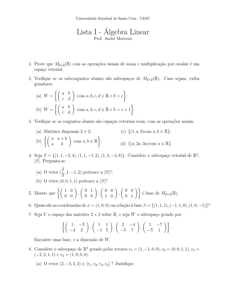 Exercícios de Álgebra Linear UESC | PDF | Espaço vetorial | Mapa linear