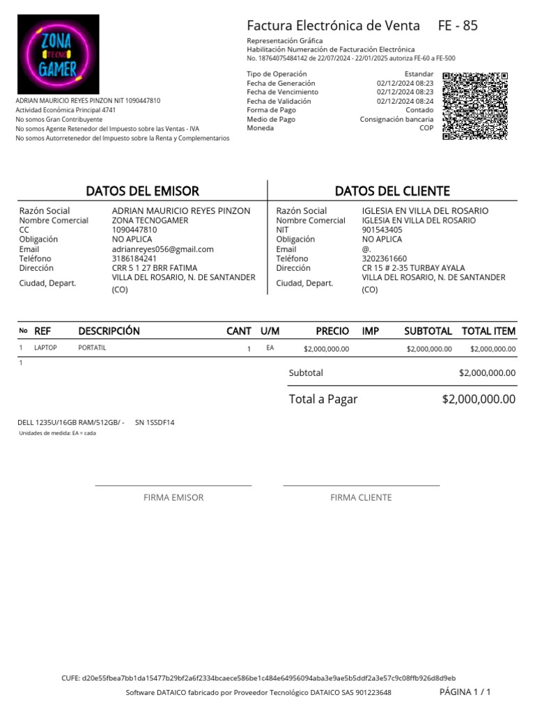 Factura Electrónica Laptop DELL 1235U | PDF | Pagos