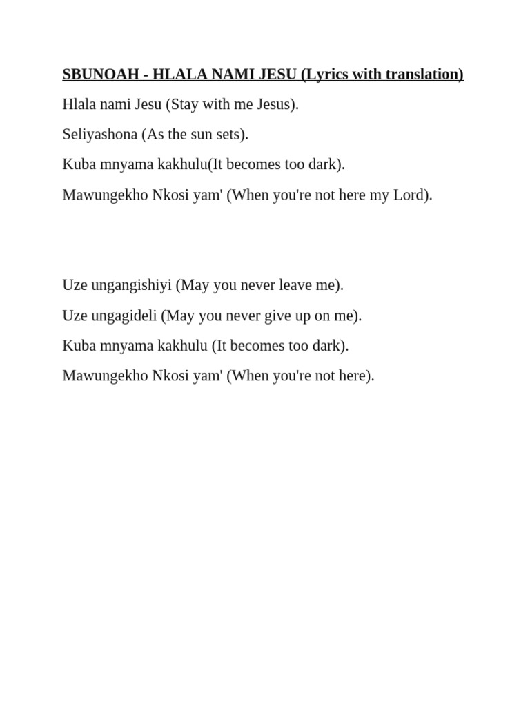 Hlala Nami Jesu Lyrics & Translation | PDF