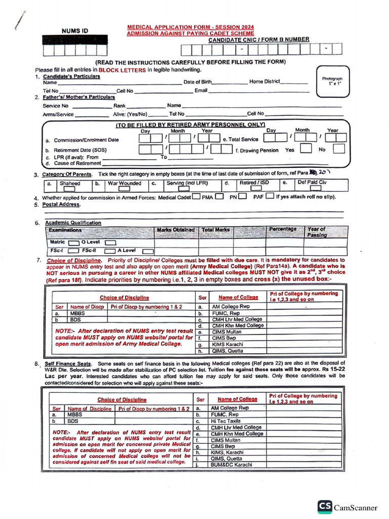 Army Paying Cadet Form 2024 | PDF