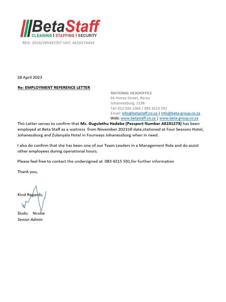 REG: 2016/295397/07 VAT: 4610274443: Re: Employment Reference Letter | PDF