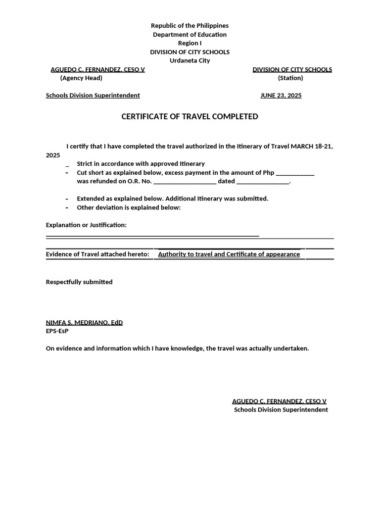 Certificate of Travel Completed Template | PDF
