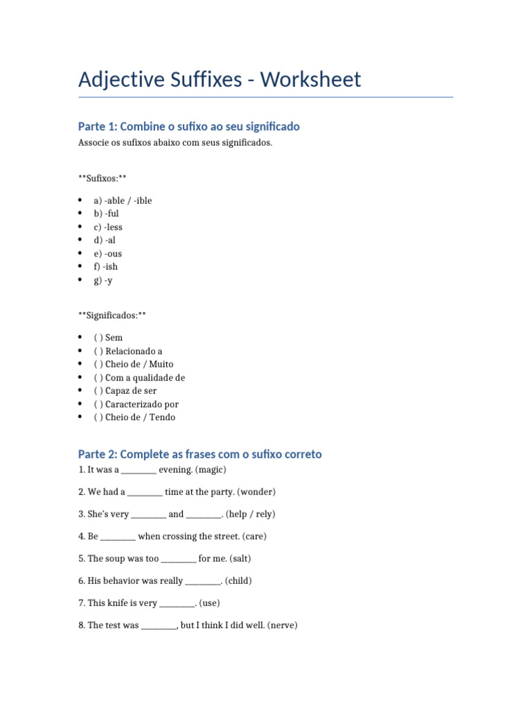 Adjective Suffixes Worksheet | PDF
