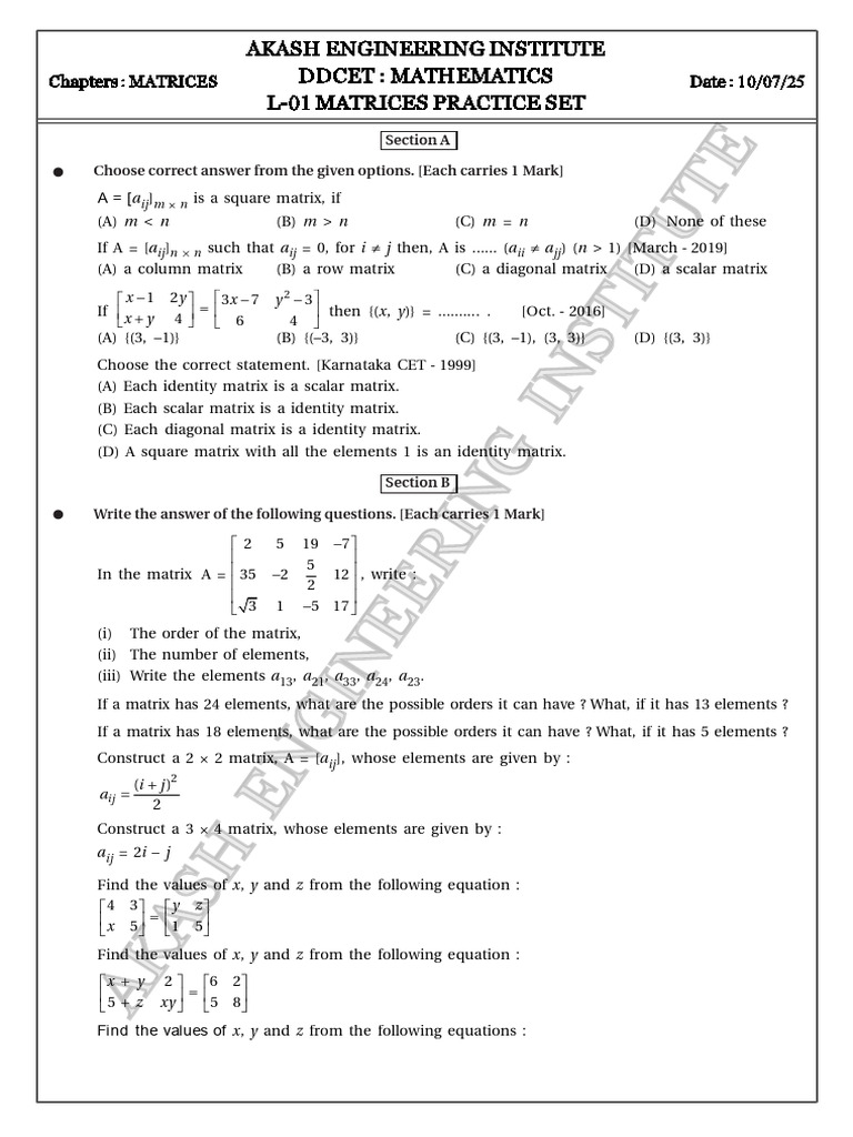Matrices Practice Questions PDF | PDF | Matrix (Mathematics) | Algebra