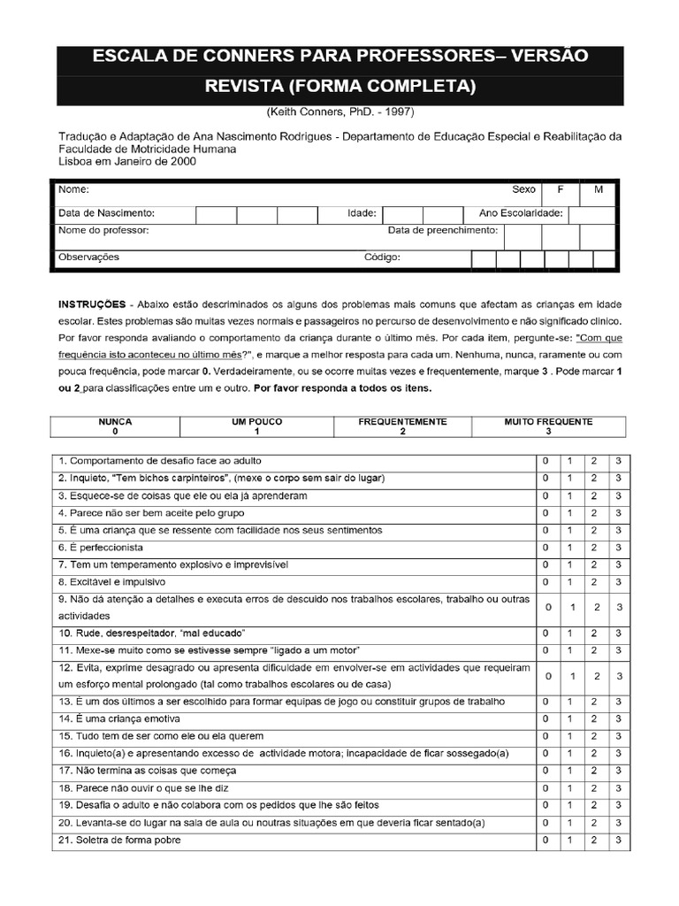 Escala Conners Professor | PDF