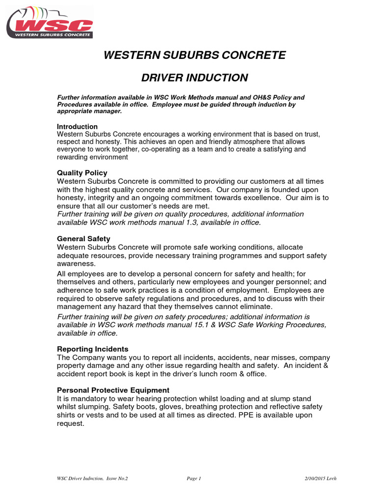 WSC Driver Induction Guidelines | PDF | Occupational Safety And Health ...