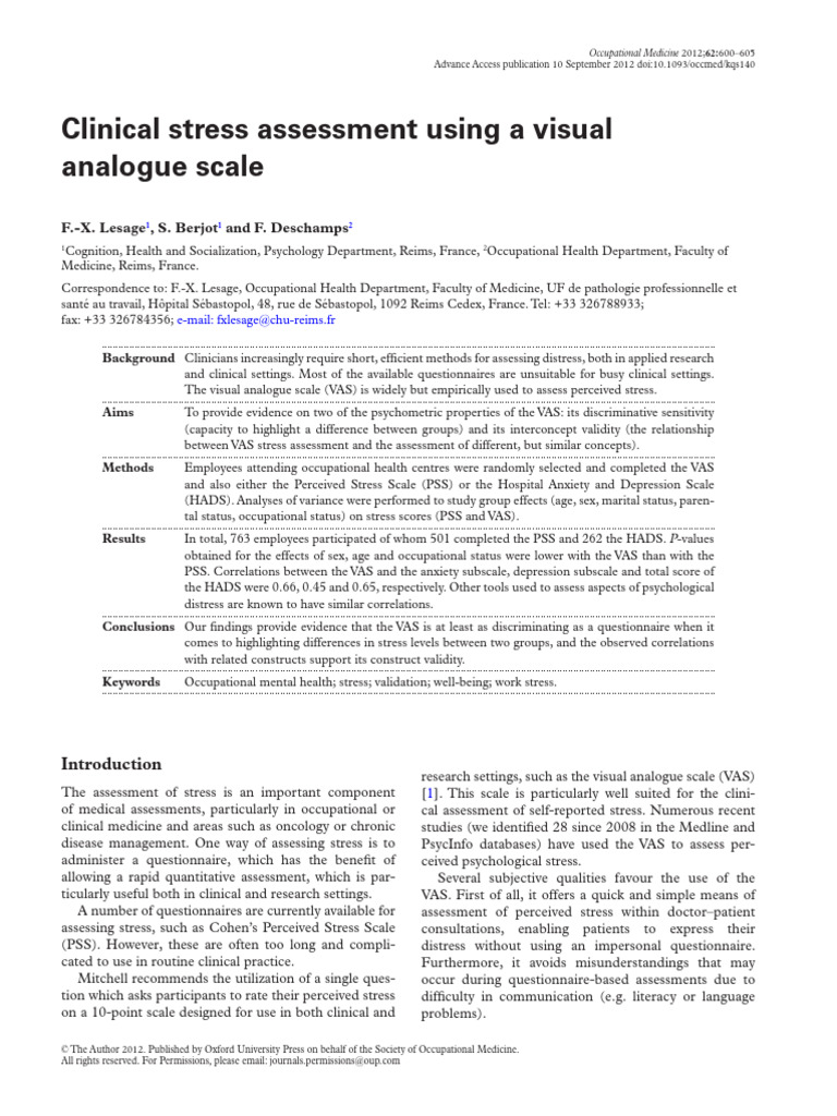 VAS for Clinical Stress Assessment | PDF | Stress (Biology) | Statistics