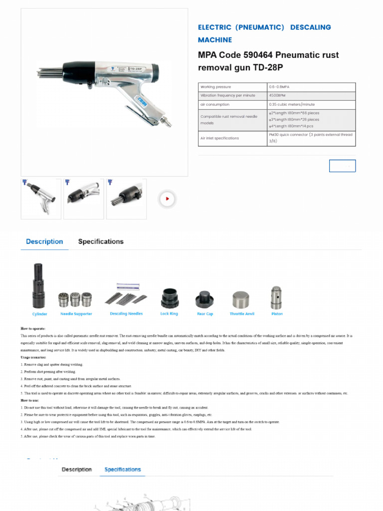 MPA Code 590464 Pneumatic Rust Removal Gun TD-28P: Electric (Pneumatic) Descaling Machine | PDF
