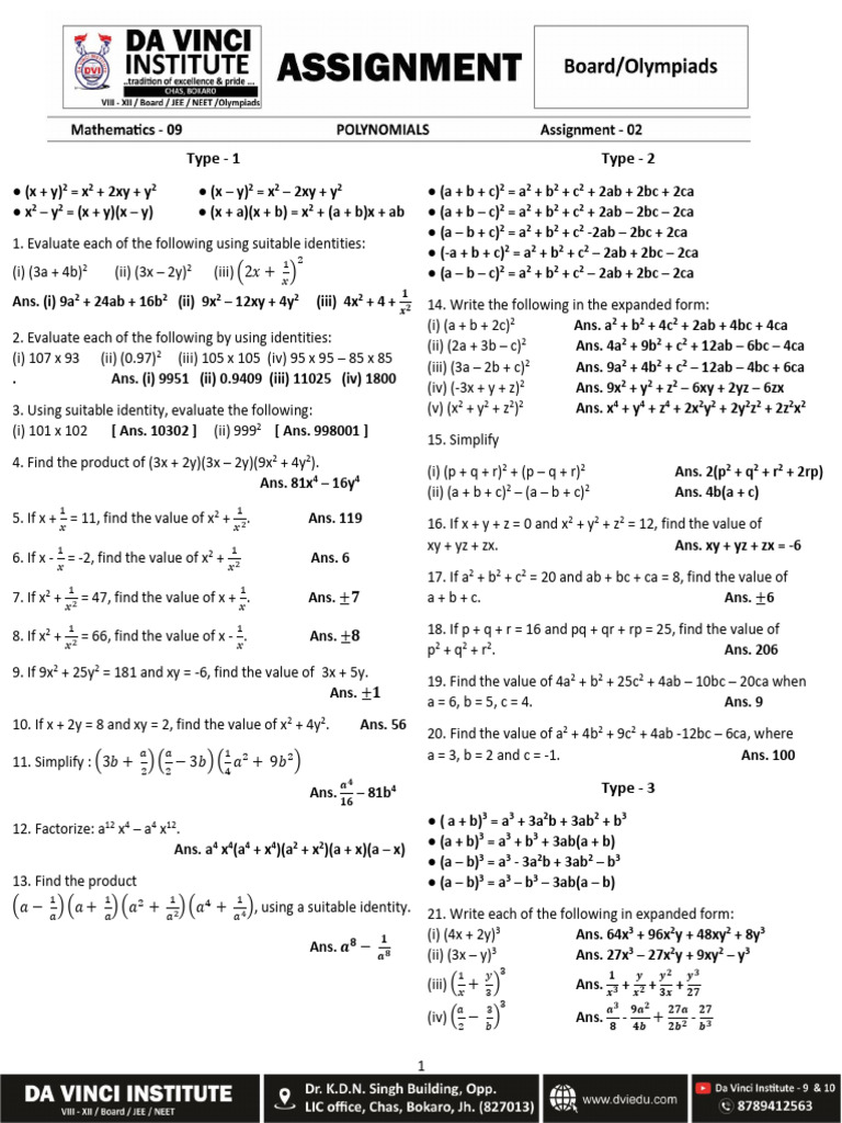 Polynomials Class 09 Assignment 02 | PDF | Chess | Chess Theory