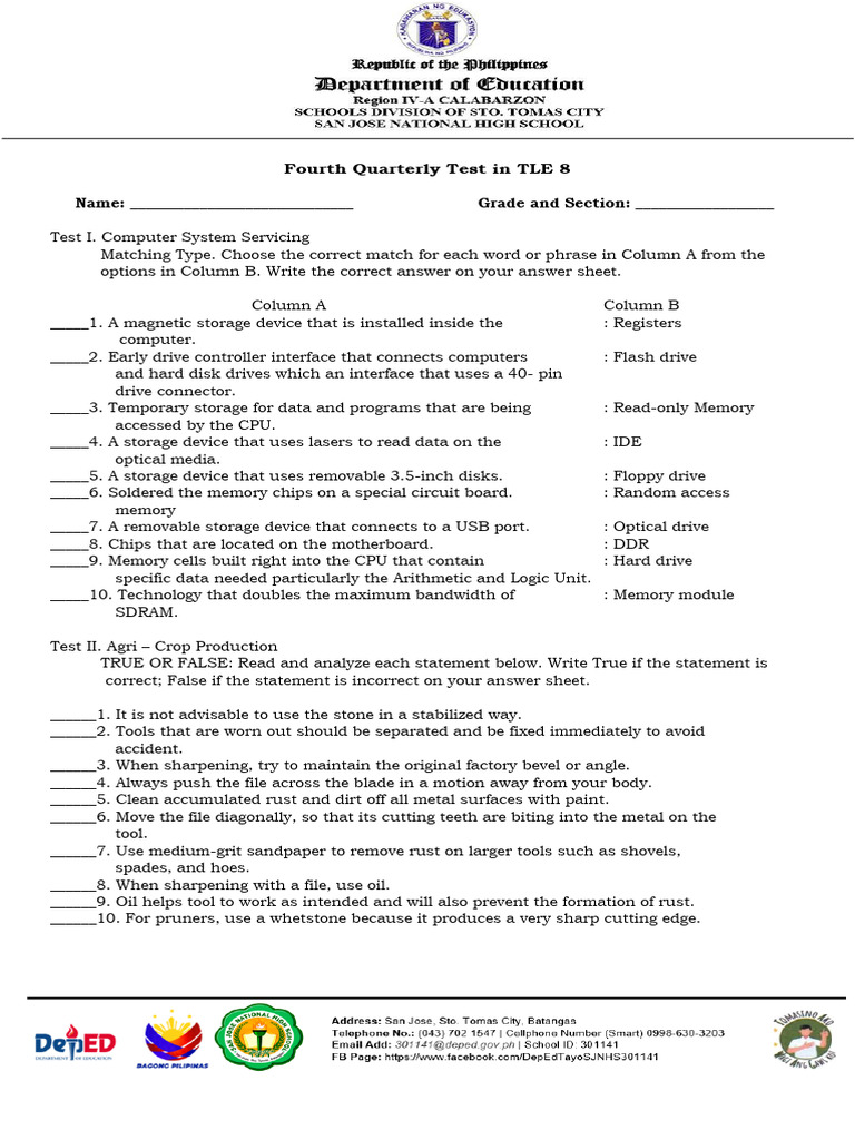 Q4 Quarterly Test in TLE8 | PDF | Computer Data Storage | Random Access ...