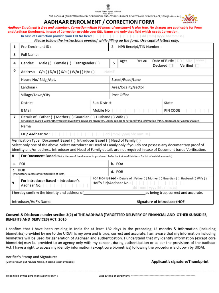 Aadhaar Enrolment Correction Form Version 4.0 | PDF | Identity Document ...