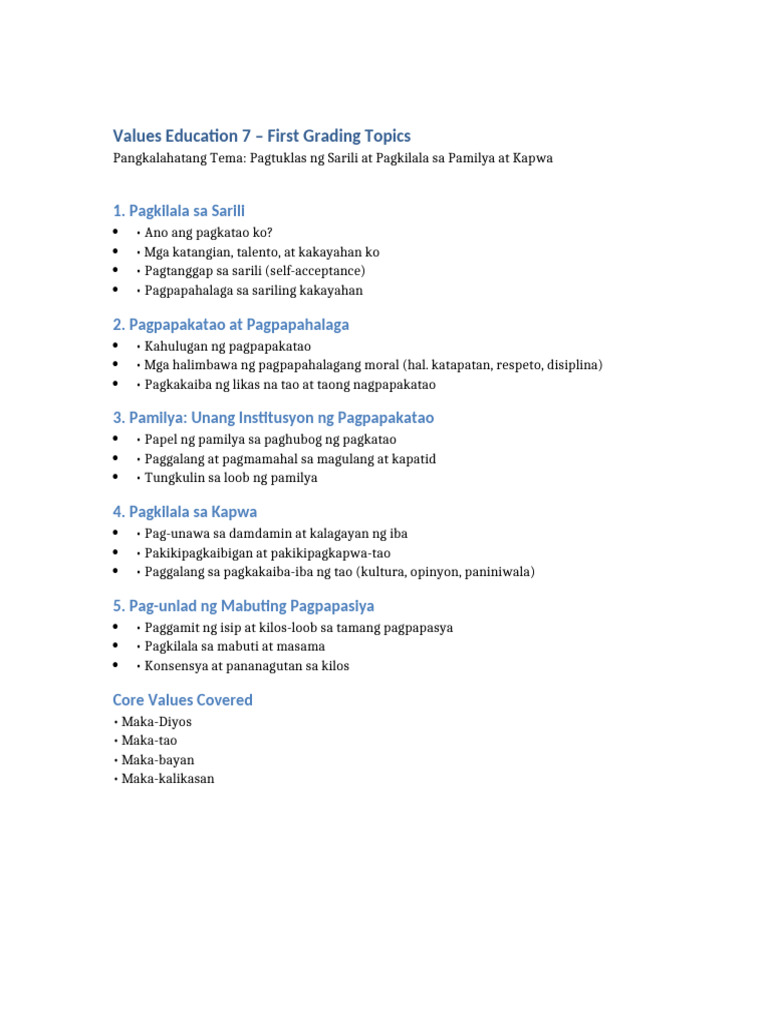 Values Education 7 First Grading Topics | PDF