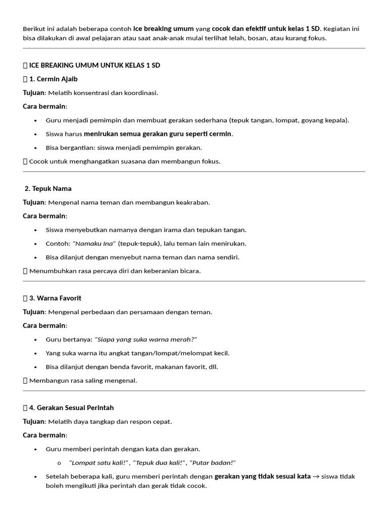 Ice Breaking Kreatif untuk Kelas 1 SD | PDF