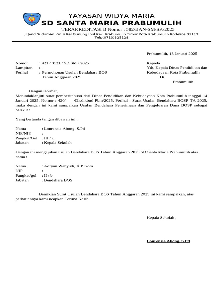 Surat Usulan Bendahara Dan Ops Rkas 2025 | PDF