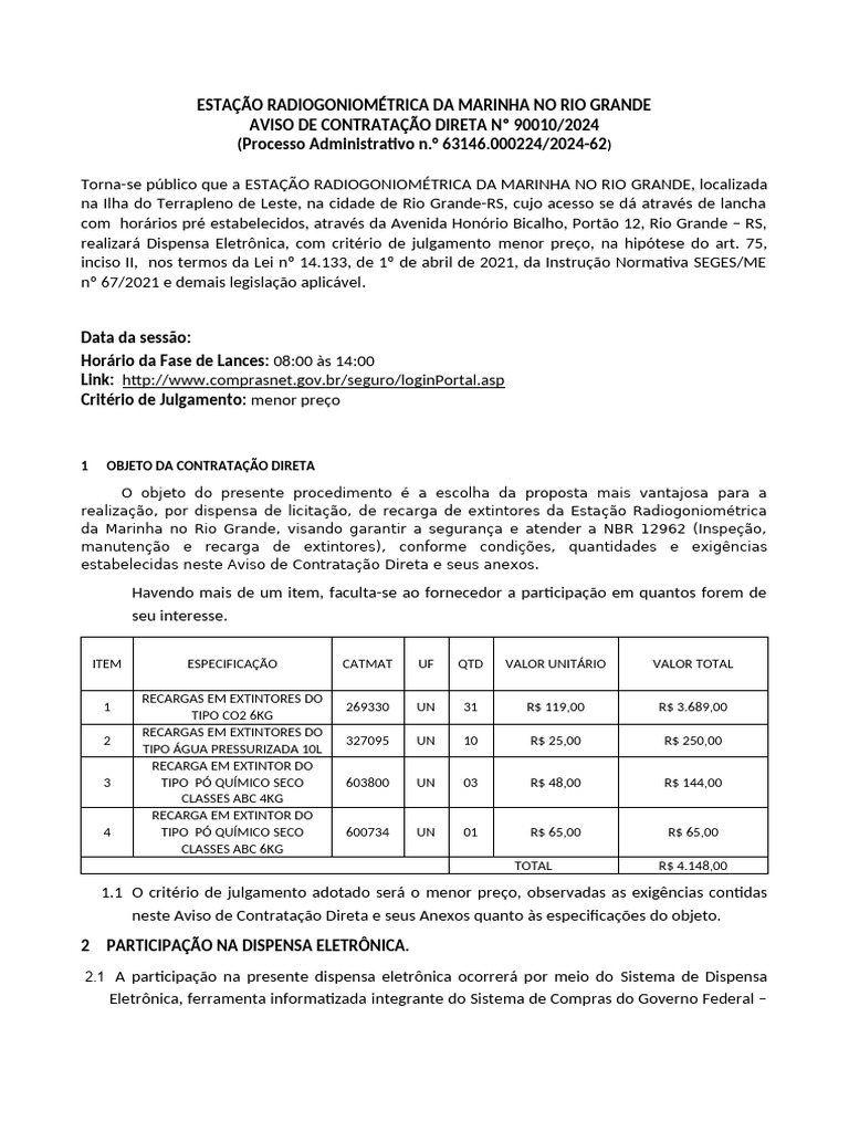 Ext1 Aviso de Contratacao Direta Recarga Extintores Assinado Mesclado | PDF