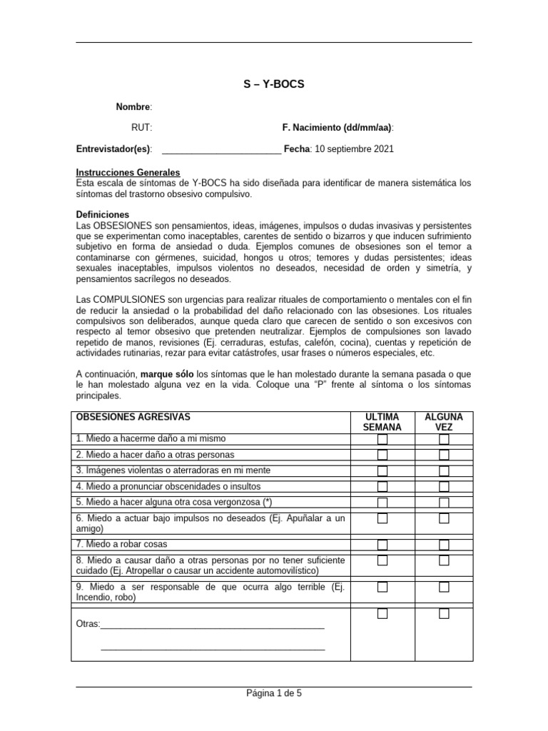Y-BOCS Dimensiones Síntomas | PDF | Contaminación | Desorden obsesivo ...