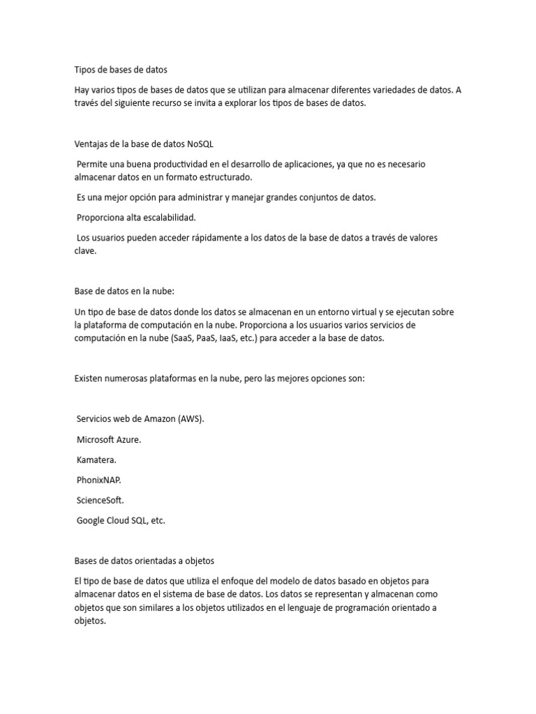 Tipos De Bases De Datos Pdf Bases De Datos Computación En La Nube 3706