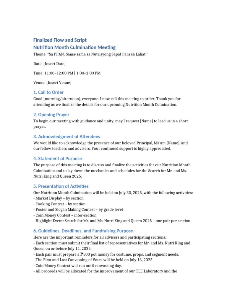 Nutrition Month Culmination Meeting Script | PDF | Chess | Chess Theory