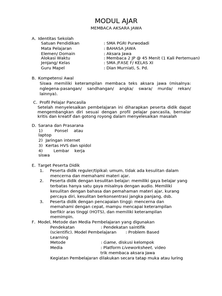 Modul Ajar Membaca Aksara Jawa | PDF