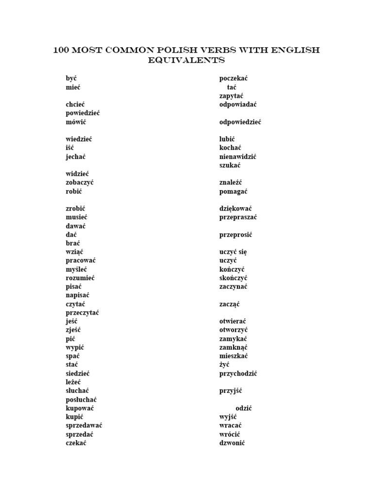 100 Most Common Polish Verbs With English Equivalents | PDF