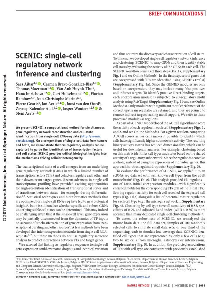 2017-Nature Methods-SCENIC Single-Cell Regulatory Network Inference and Clustering | PDF | Life ...