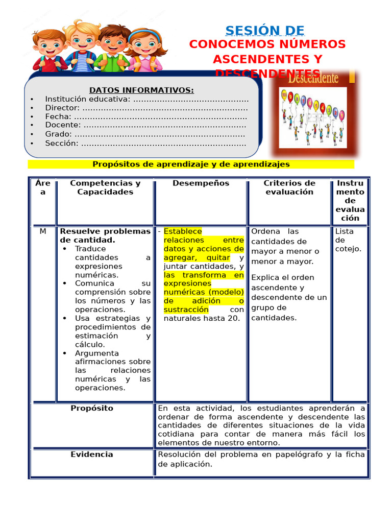 1° Sesión Día 4 Mat Conocemos Números Ascendentes y Descendentes | PDF ...