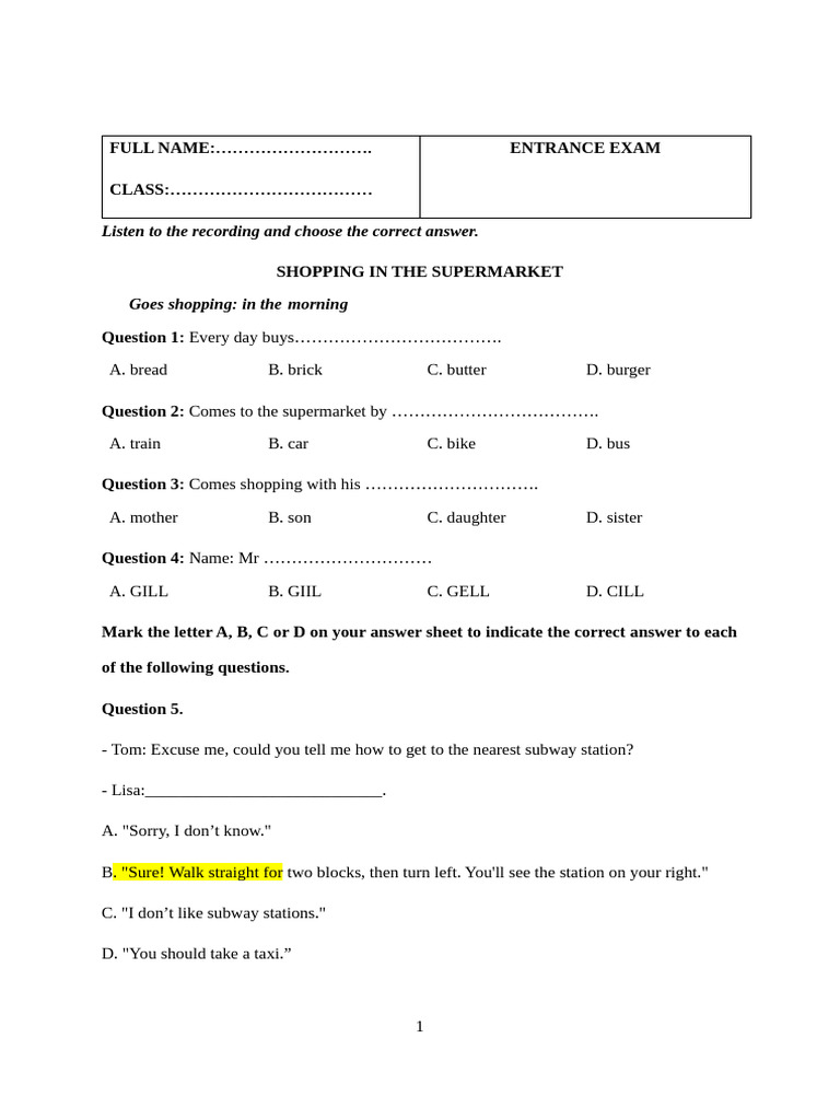 Entrance Exam | PDF | Traffic | Transport