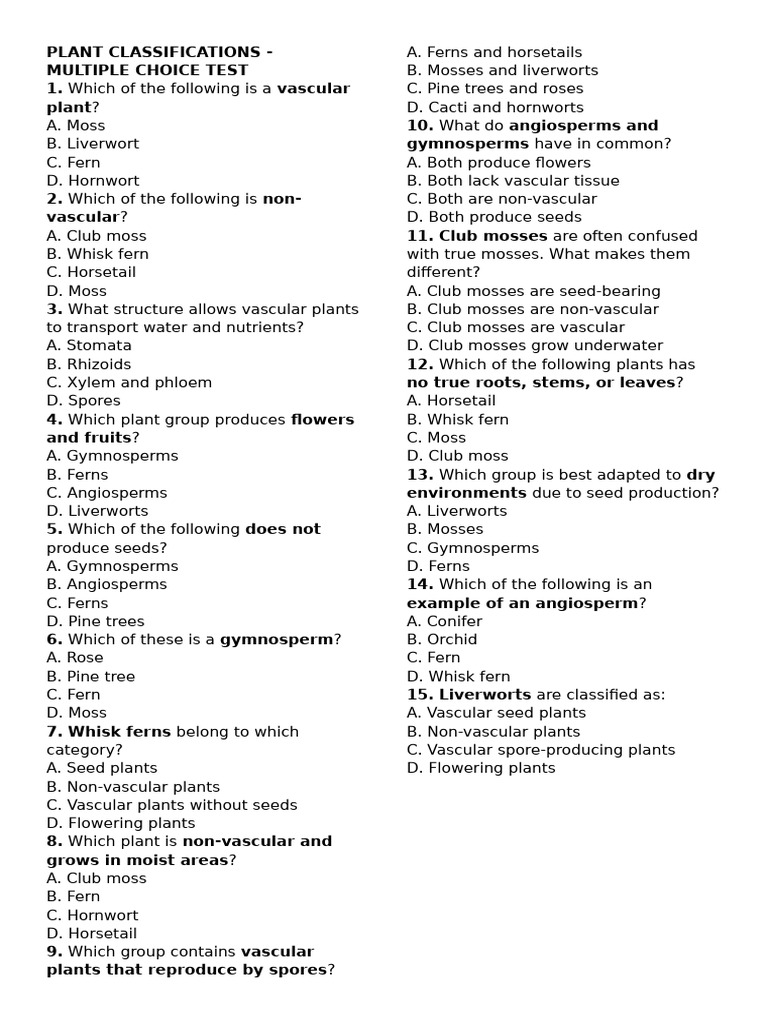 Classification Plants Test | PDF | Fern | Moss