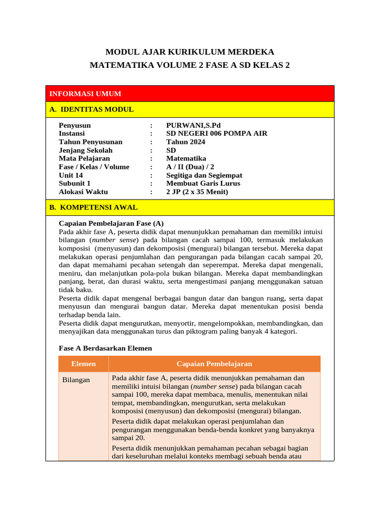 Modul Ajar MTK Kls 2 | PDF