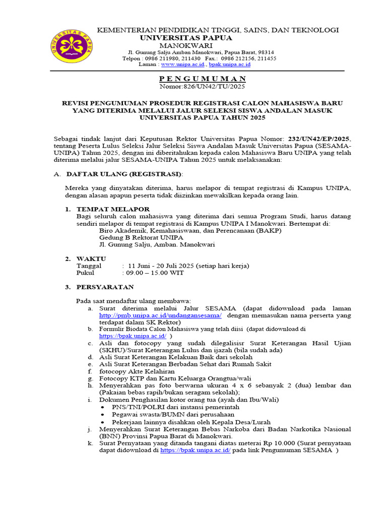 Registrasi Calon Mahasiswa UNIPA 2025 | PDF