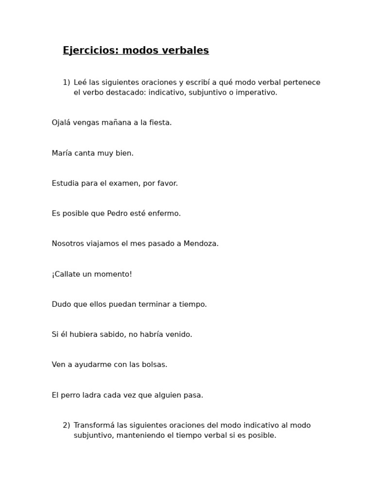 Ejercicios Modos Verbales 3ro | PDF