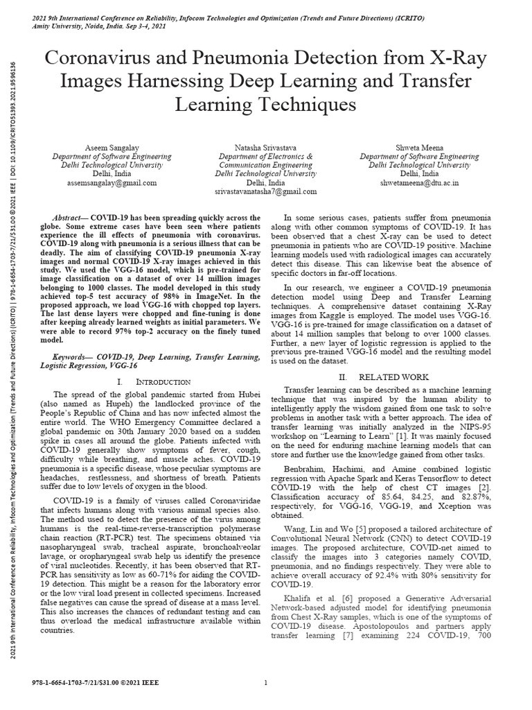 Coronavirus and Pneumonia Detection From X-Ray Images Harnessing Deep Learning and Transfer ...