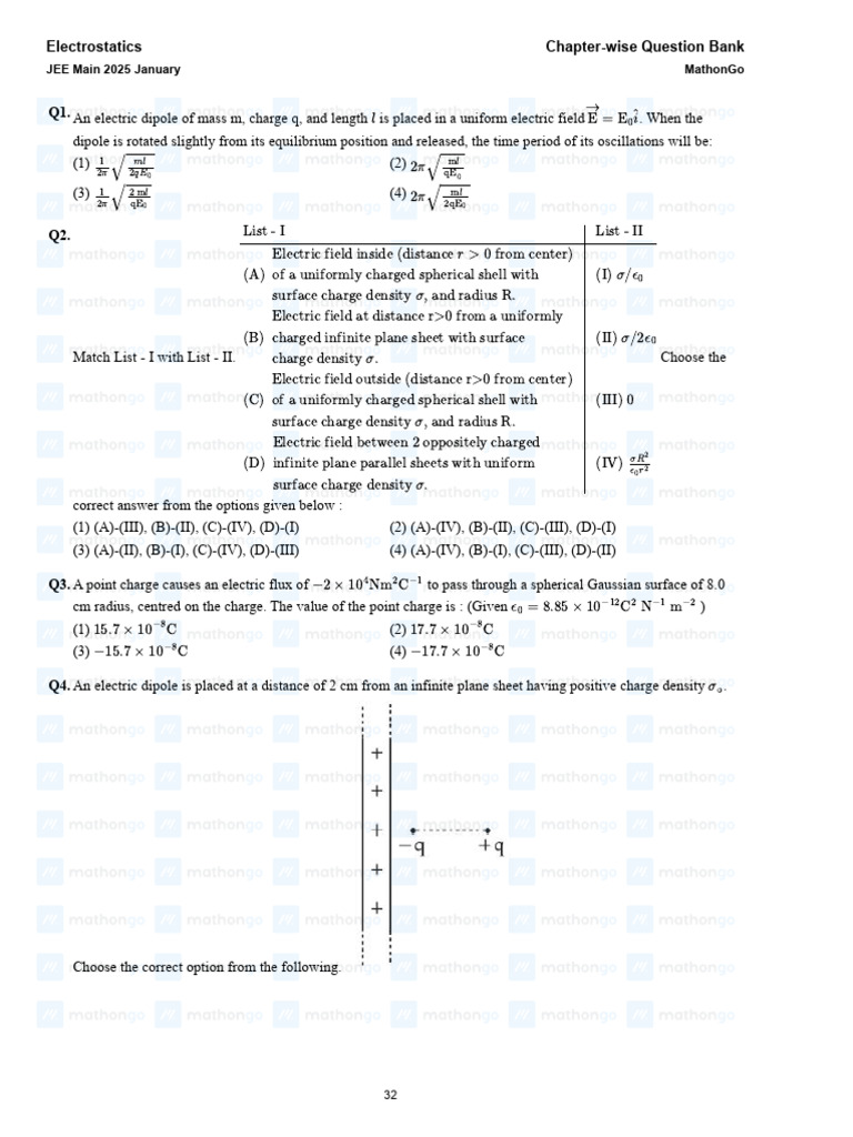 Physics - JEE Main 2025 Electrostatics January Chapter-Wise Question Bank - MathonGo | PDF ...