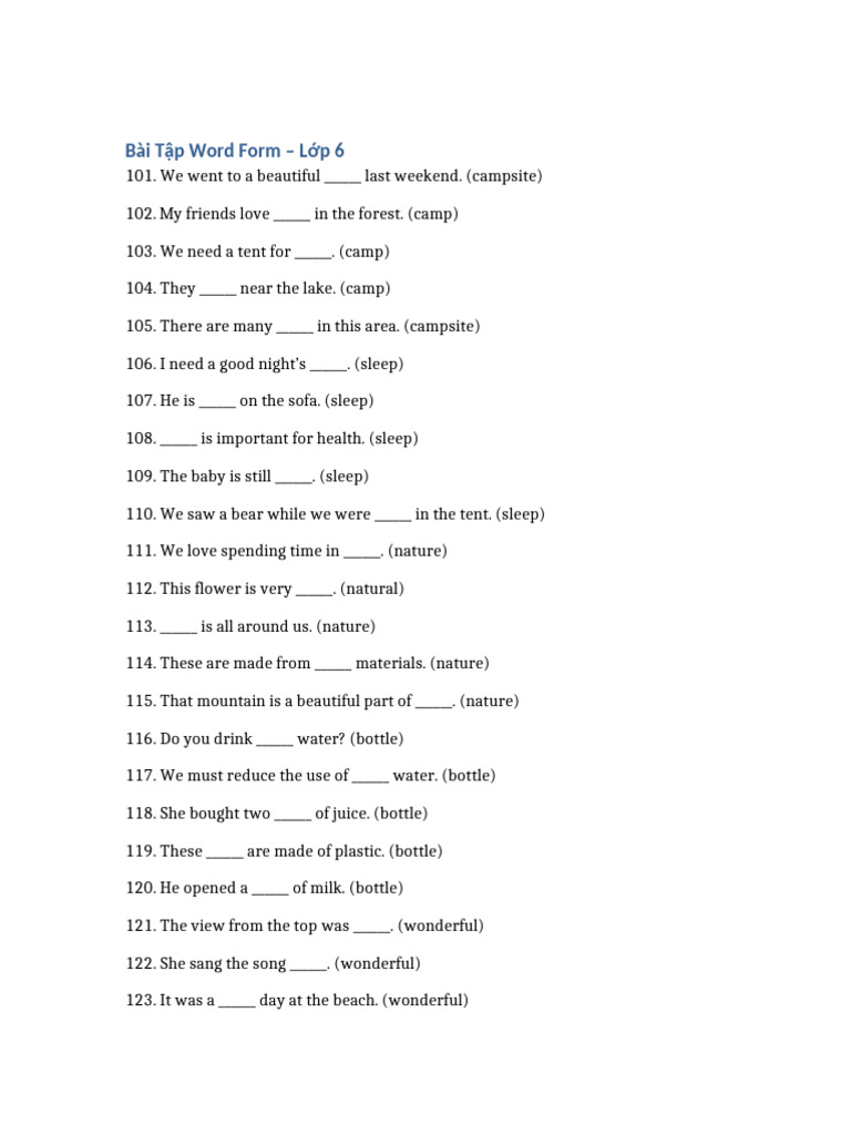 Bai Tap Word Form Lop 6 101-175 | PDF