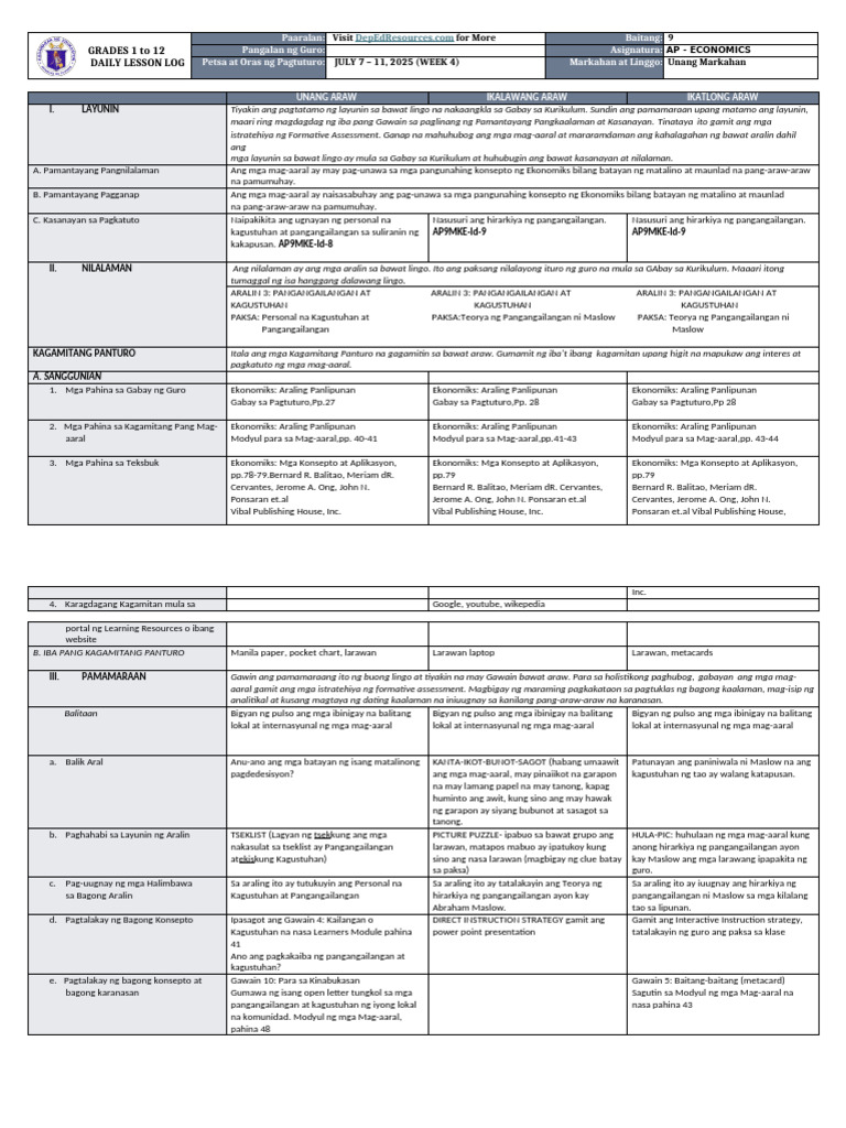 DLL - Ap - Economics 9 q1 - w4 | PDF