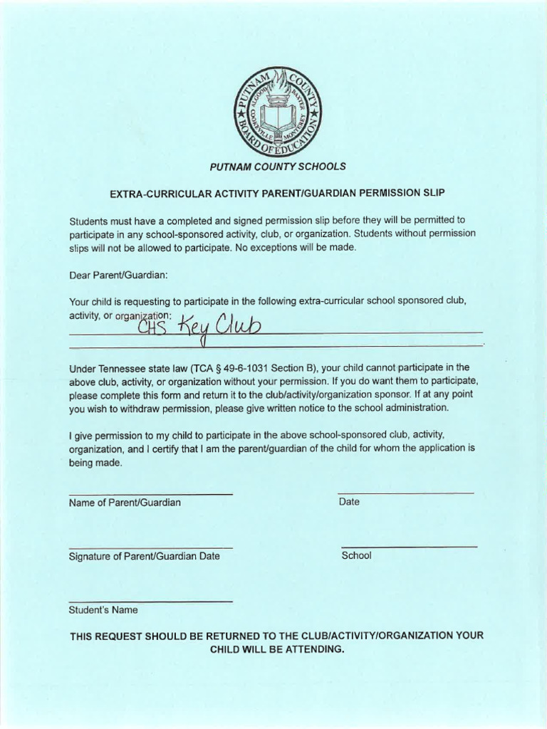 Key Club Permission Form | PDF