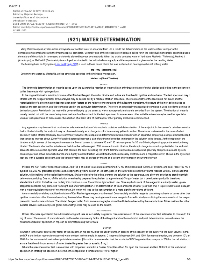 USP Water Determination Methods | PDF | Titration | Chemistry