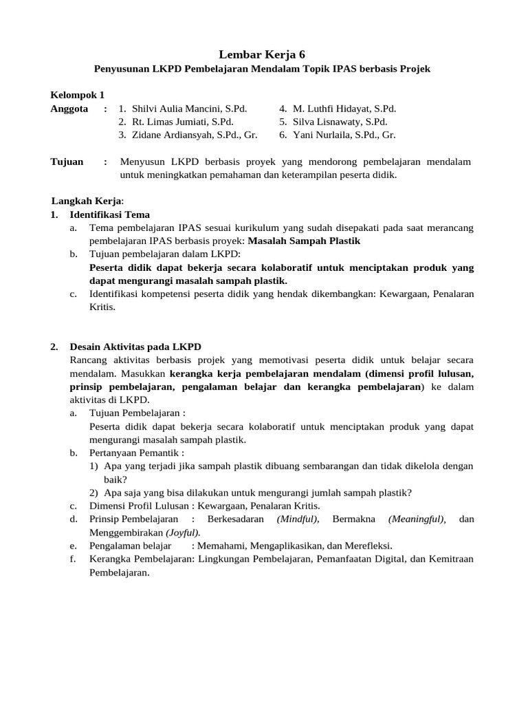 LK 6. LKPD Pembelajaran Berbasis Proyek (Fixed) | PDF