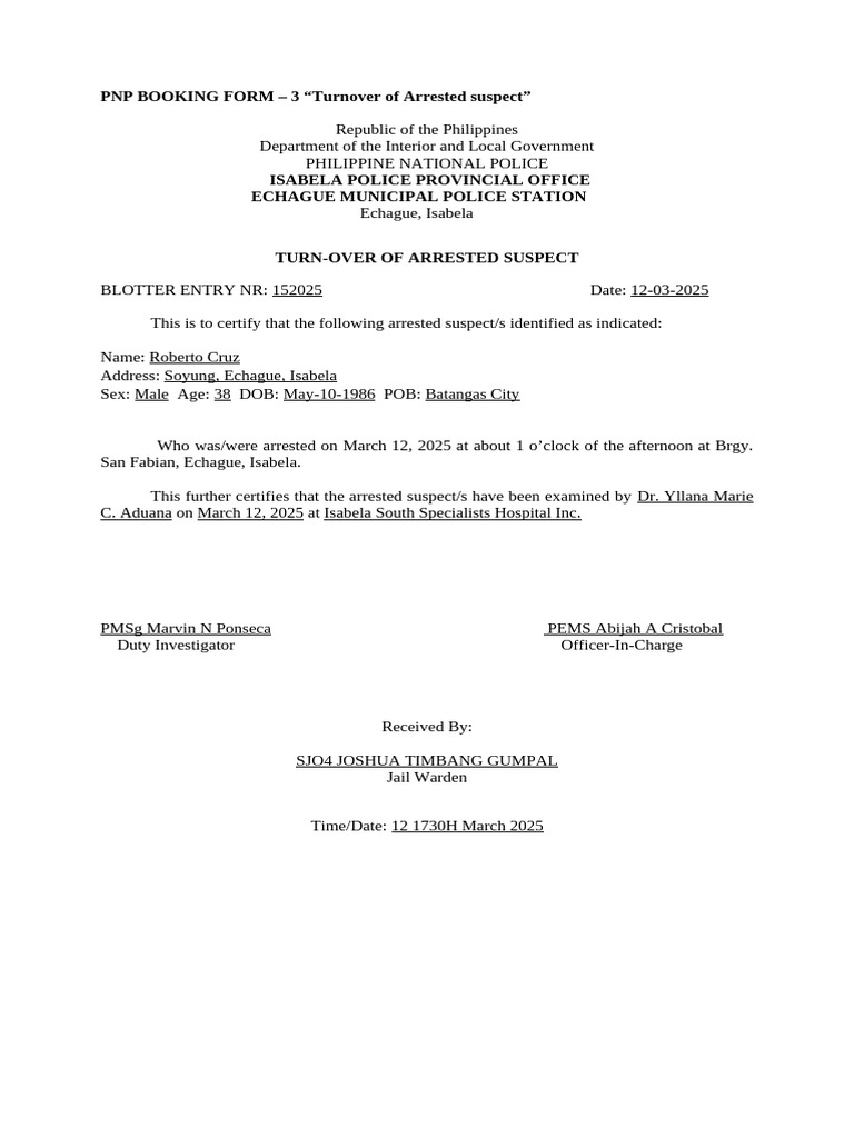S4 Turnover of Arrested Suspect | PDF | Government | Philippines