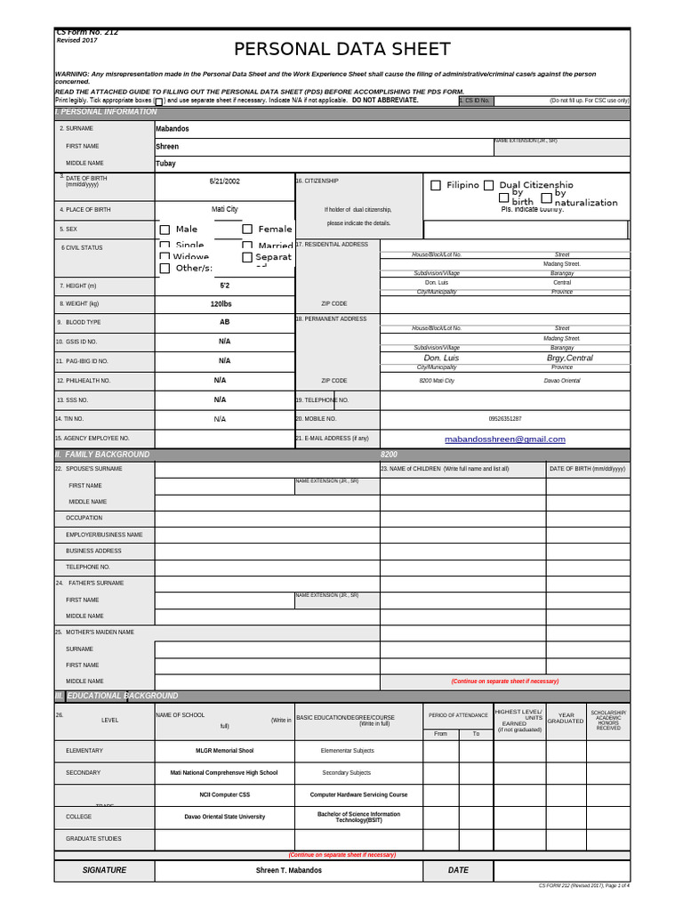 CS Form No. 212 Personal Data Sheet Revised | PDF | Government | Justice