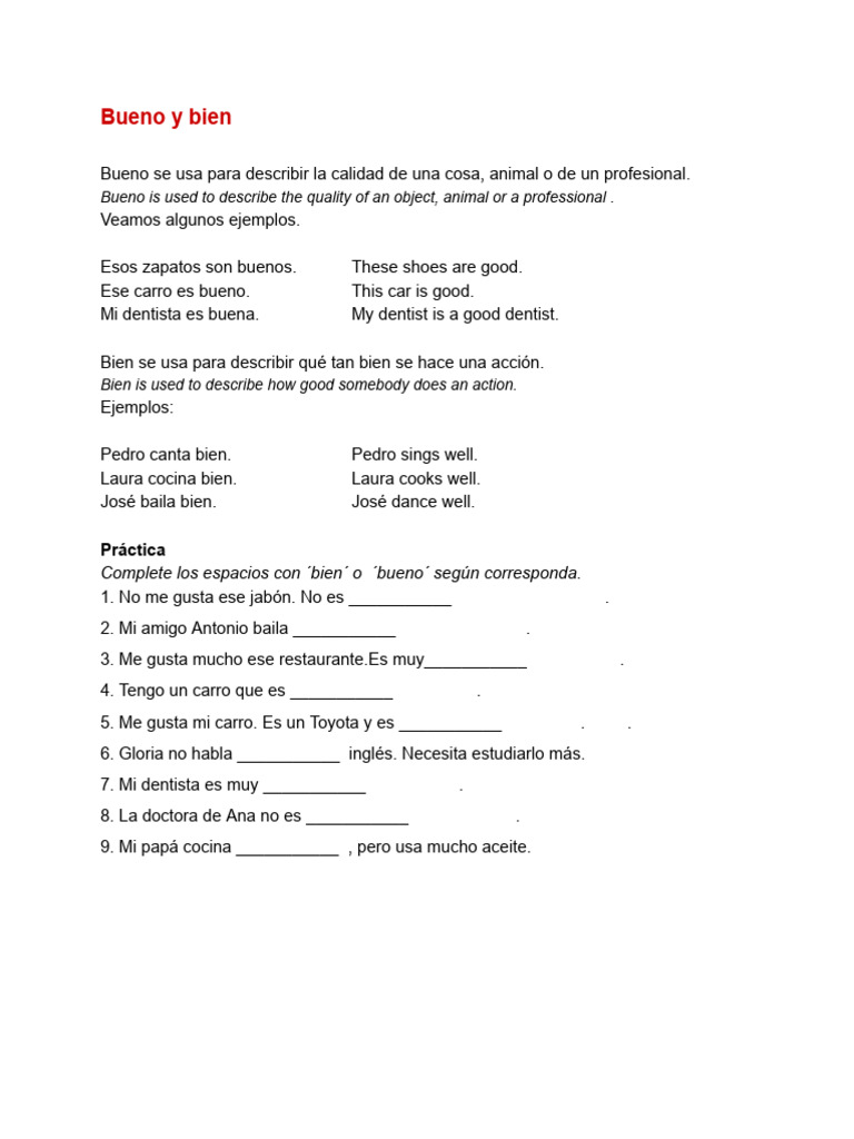 Usos de Bien y Bueno | PDF