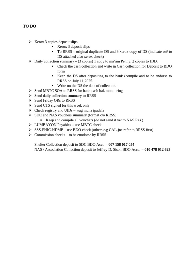 Daily Collection and Deposit Tasks Guide | PDF