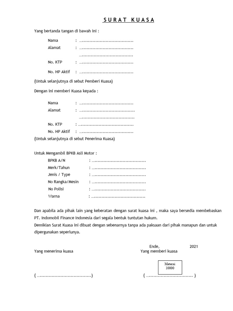 SURAT KUASA BPKB Contoh - Unit R2 | PDF
