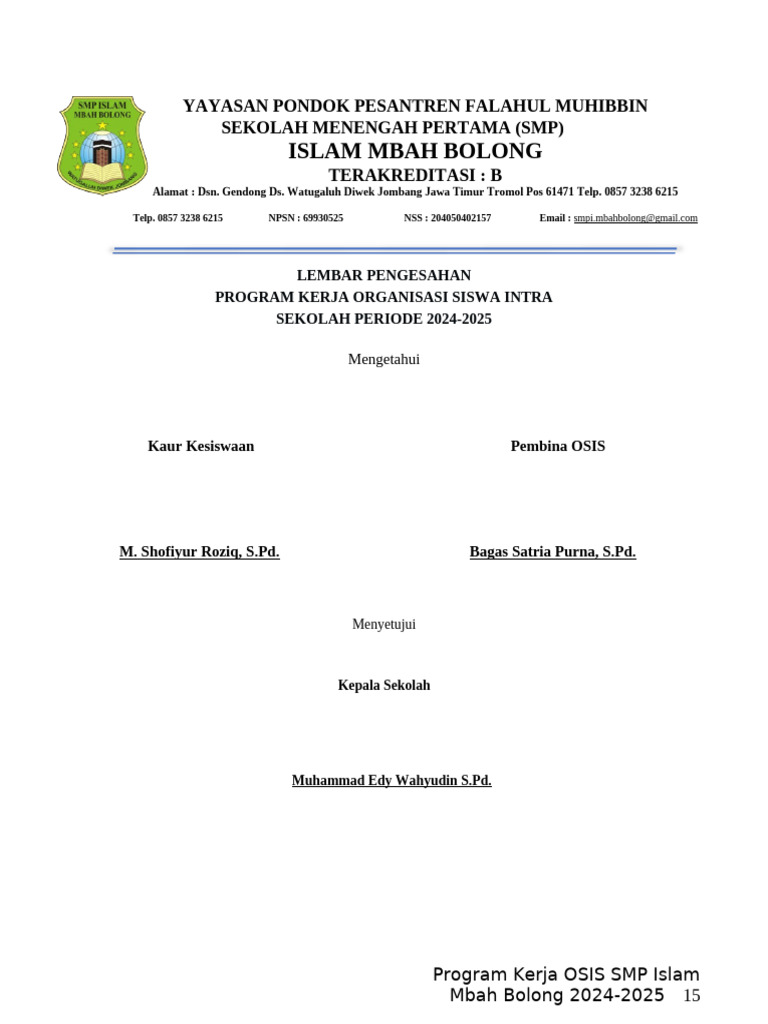 Lembar Pengesahan Proker Osis | PDF