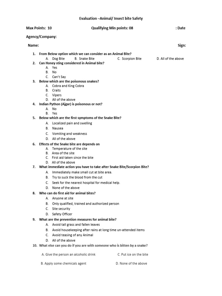 Animal and Insect Bite Safety Evaluation | PDF