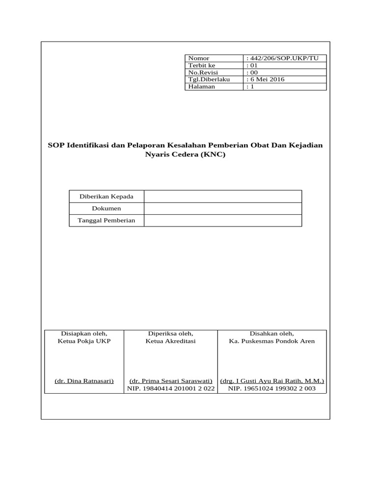 206 SOP Identifikasi Dan Pelaporan Kesalahan Pemberian Obat Dan Kejadian Nyaris Cedera (KNC) | PDF