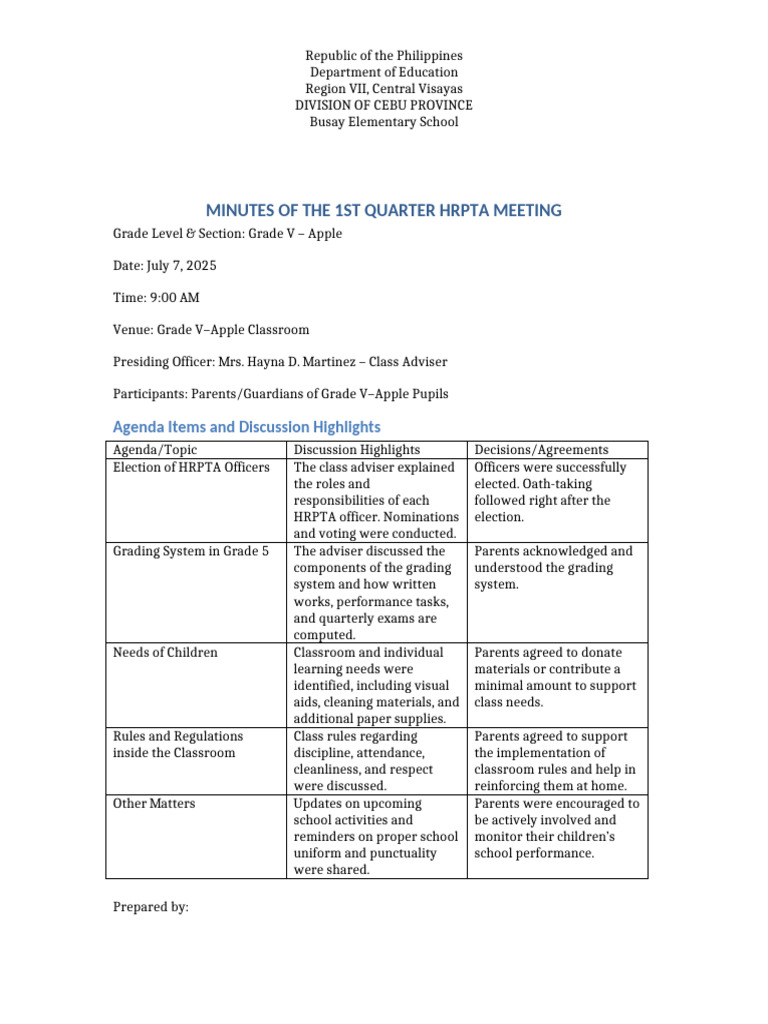 1st Quarter HRPTA Meeting Minutes | PDF