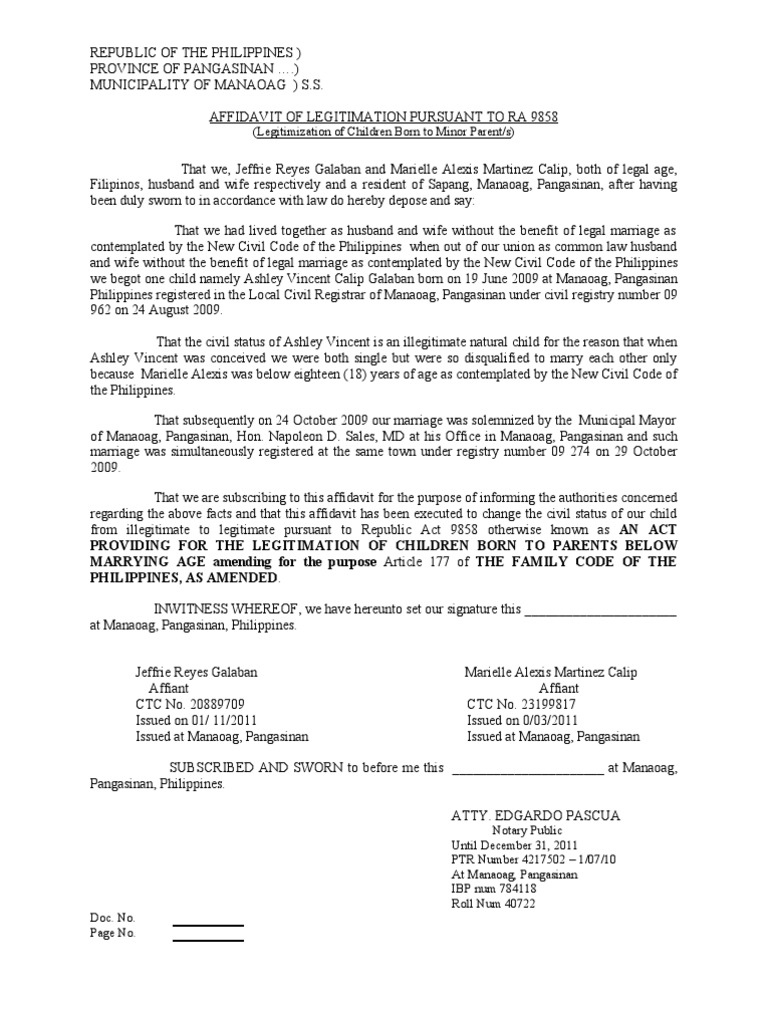 Affidavit of Legitimation Pursuant To Ra 9858 | PDF | Affidavit | Marriage