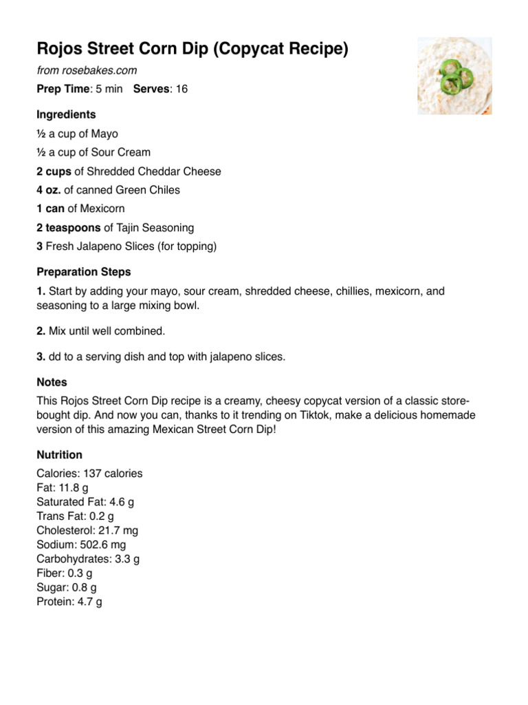 Rojos Street Corn Dip (Copycat Recipe) | PDF